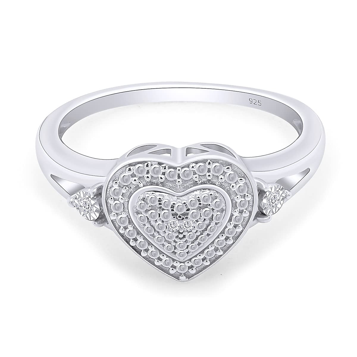 Round Cut White Natural Accent Diamond Split Shank Double Heart Engagement Ring In 14k White Gold Over Sterling Silver (Clarity : I2-I3, Color : I-J, 0.01 Cttw) Ring Size-13