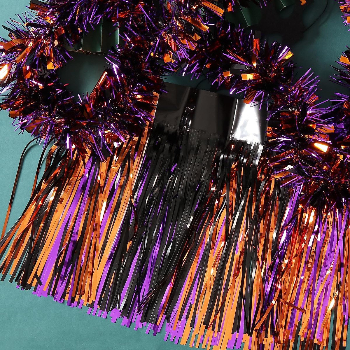 Ohiyoo 5 Pack 10 Feet Halloween Foil Fringe Garland Orange Black Purple Fringe Garland Metallic Tinsel Streamers Fringe Backdrop Banner for Halloween Parade Floats Halloween Party Decoration