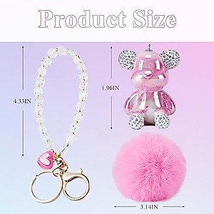 HONYJOOM Teddy Bear Keychain， Pink Keychain Accessories， Key Chains Women Cute， Puff Ball Keychain (Pink)