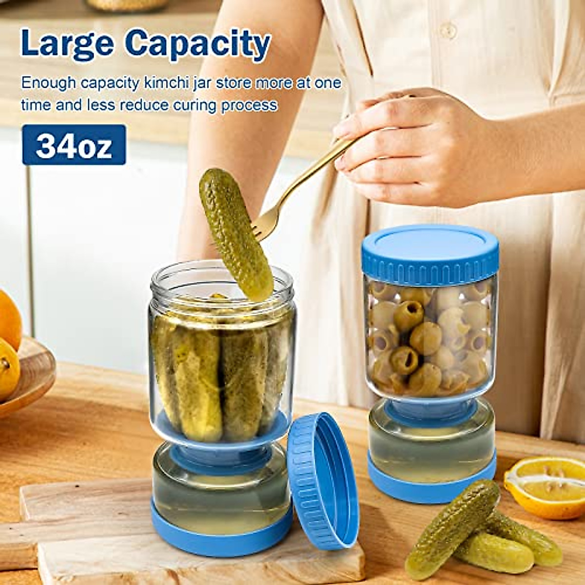 Mliepow Glass Pickle Jar, 34oz/1000ml Olive Hourglass Container with Upside Down Strainer Flip , BPA Free, Food Grade Leakproof ABS Lid, Pickle Storage Holder for Pickle, Olive and Jalapenos