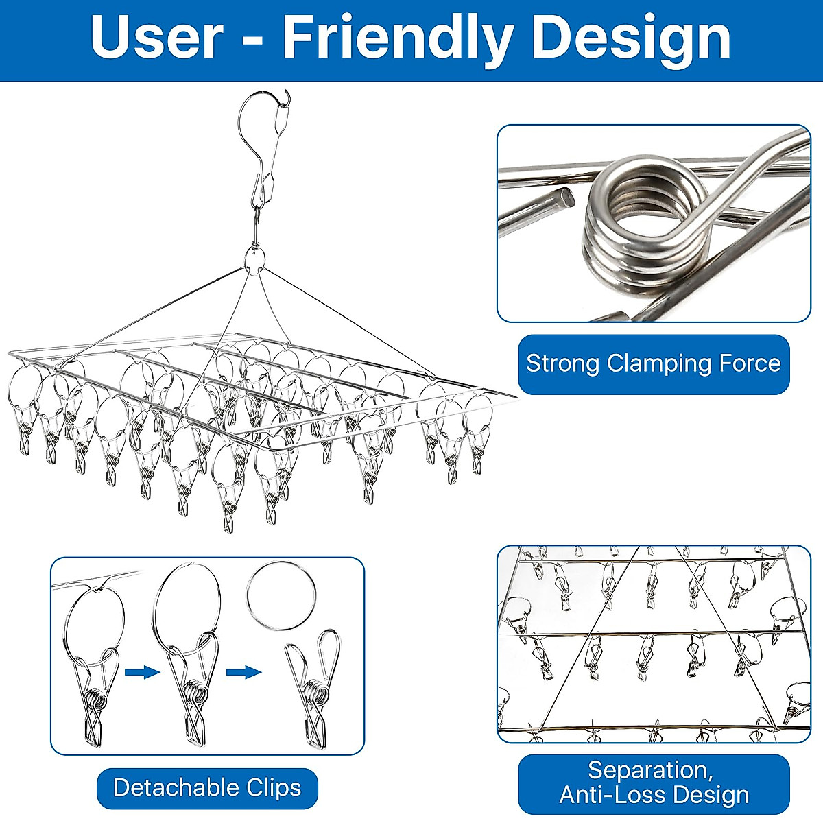 Akamino 4 Pcs Hanging Drying Rack,Stainless Steel Herb Drying Rack with 30 Stainless Clips,Collapsible Swivel Drying Rack Windproof Hook for Drying Herb Air Plants,Flowers,Towel,Bras,Lingerie, Sock