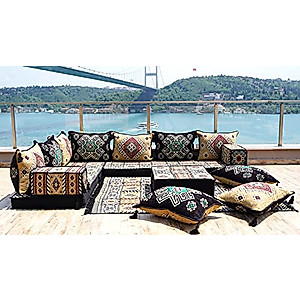 4" Thick L Shaped Floor Couch, Arabic Sofa Seating, Floor Pillow, Sectional Sofa Set, Patio Furniture, Arabic Majlis (L Sofa Full Set, 4'' Thickness (10 cm))