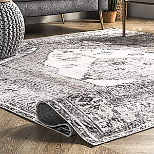nuLOOM Gladys Machine Washable Vintage Medallion Runner Rug, 2' 6" x 8', Light Grey