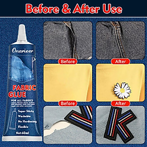 Onarieer 60ml Fabric Glue, Fabric Glue Permanent Clear Washable for Patches Drying Waterproof Fabric Adhesive Glue for All Fabrics, Clothes, Cotton, Flannel, Denim, Leather, Polyester, Doll Repair