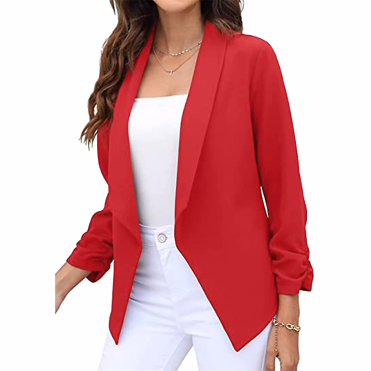 BOFETA Solid Color Blazer for Women Casual Ruched 3/4 Sleeve Lapel Ruched Sleeve Fit Blazer Red XL