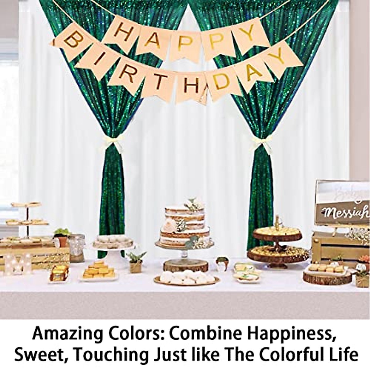 Iridescent Green Sequin Curtains 2 Panels 4x10ft Sequin Fabric Backdrop Multicolor Fabric Liner Christmas Backdrop for Happy Birthday Backdrop Background 10FT Backdrop Green Photography Background