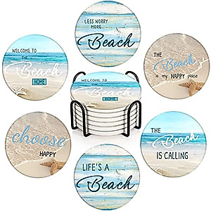 Coaster for Drinks Set of 6, Antique Teal Blue Wood Beach Absorbent Round Ceramic Stone Mat, with Cork Base and Metal Holder, Gift for Housewarming Room Bar Decor