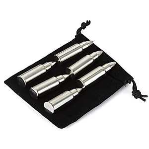 Bullet Whiskey Chillers Stones - 1.75in Whiskey Rocks by The Wine Savant Set of 6 - Stainless Steel Bullet Shaped Ice Cubes, Gift Box Come, Tongs and Storage Bag, Whiskey or Scotch Rocks (Silver)