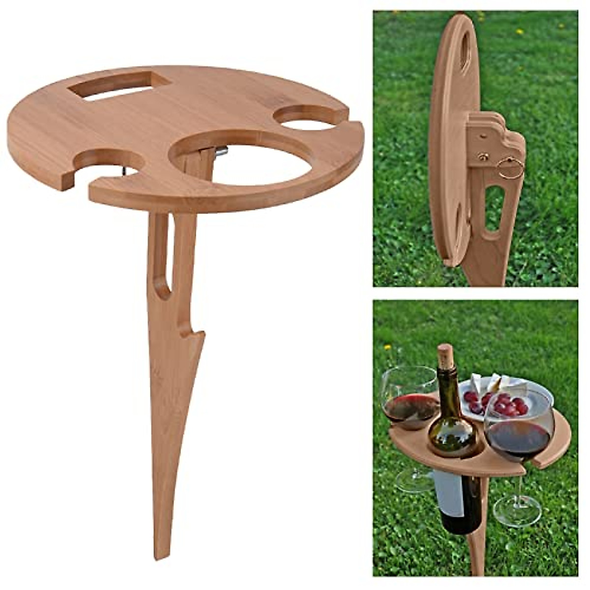 Folding Picnic Table, Camping Picnic Wine Glass Holder Outdoor Garden Round Wooden Wine Table, Small Wine Rack Portable Wine Holder Phone Stand, Wine Rack Support Beach Snack Table