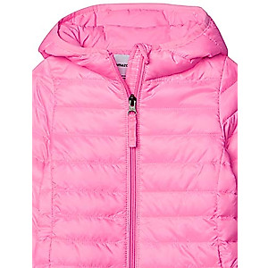 Amazon Essentials Girls' Lightweight Water-Resistant Packable Hooded Puffer Jacket, Neon Pink, Small