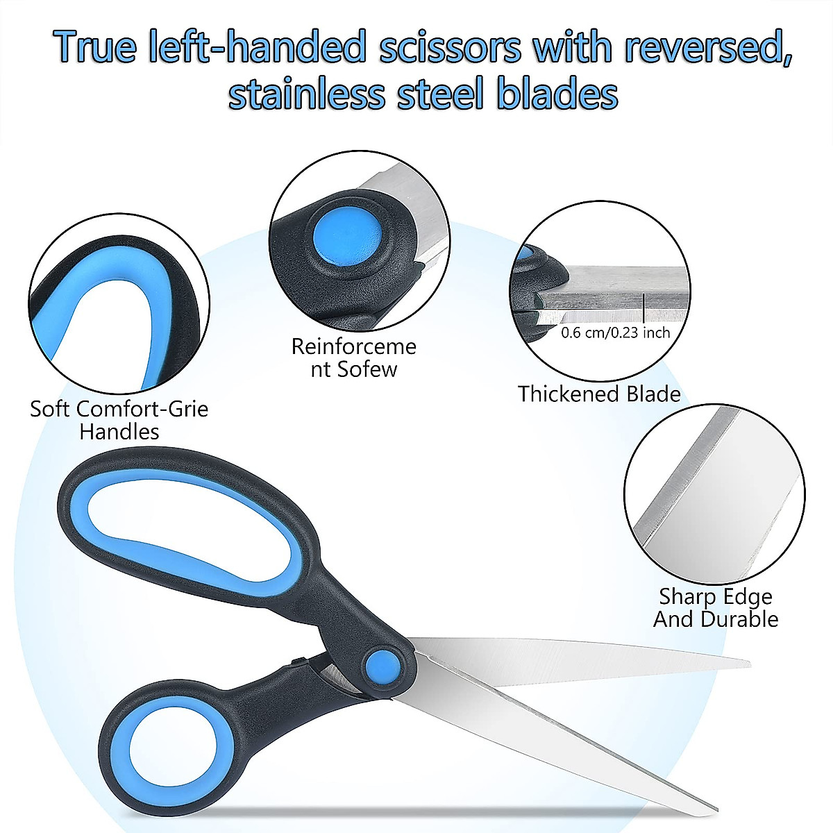 Left Handed Scissors for Adults Kids Student, 8 Inch Lefty Stainless Steel Sharp Blade Soft Comfort-Grip Handles Blunt Scissors, 2-Pack, Blue
