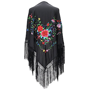La Senorita Spanish Flamenco Dance Shawl Black with various colored flowers Fringes black size L