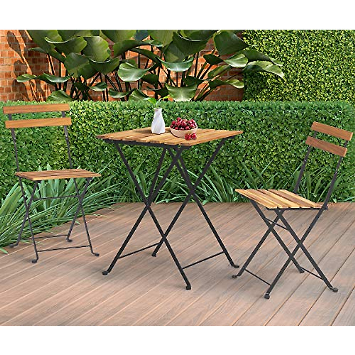 SUNBURY 3 Piece Patio Bistro Set, Outdoor Furniture Set, Weather-Resistant Folding Table and Chairs, Wooden Top Steel Frame Foldable Chairs for Outdoor/Indoor, Balcony (Burlywood)
