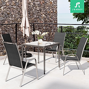 JEAREY Patio Chairs Set of 4, Outdoor Stackable Dining Chairs with Armrests, Breathable Garden Outdoor Furniture for Garden Patio Pool Beach Yard, Black