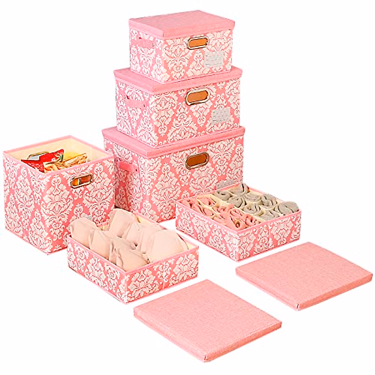 SEEKIND Storage Box, Decorative Storage Bins with Lid,6 in 1 Set,with Handles,Foldable for Space Saving Storage Boxes,for Bras，Clothes, Cosmetic,Blankets (Pink) …