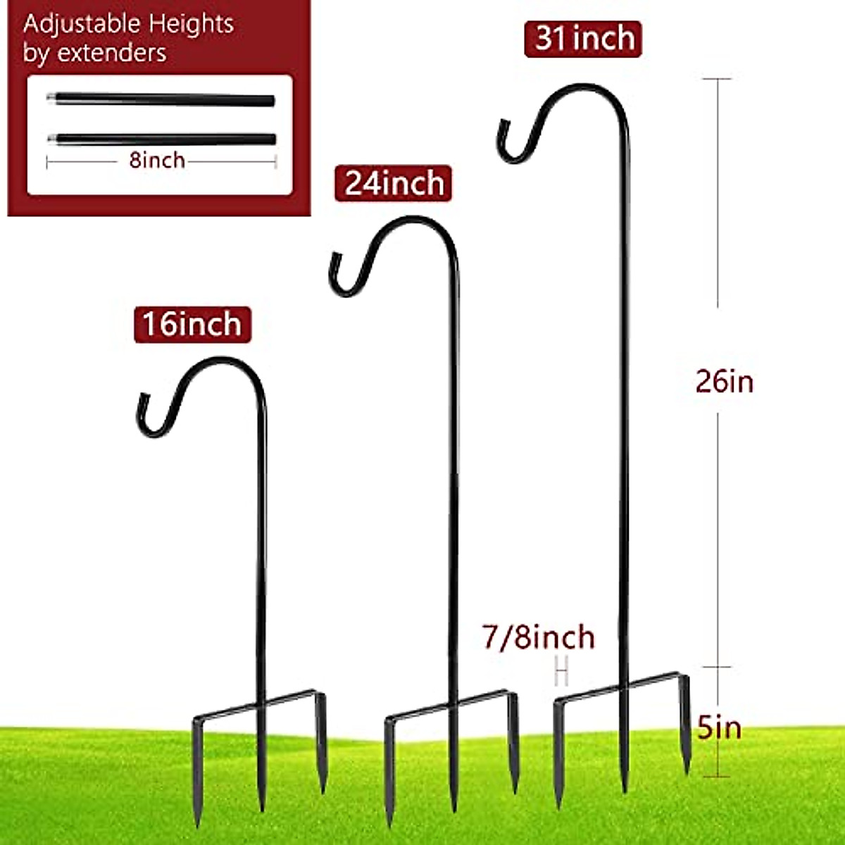 EXCMARK 2 Pack Shepherd Hook 31 inch 1/2 inch Thick Use at Weddings, Hanging Solar Lights, Lanterns, Bird Feeders, Metal Hanger Hook (Black, 31 inch)