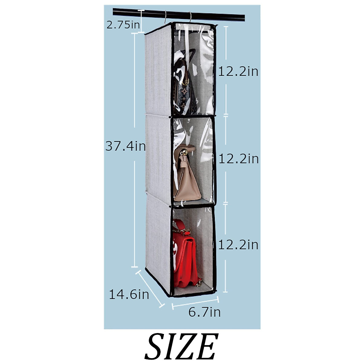Japarismo Hanging Handbag Purse Closet Organizer Dust Shield Storage Systems Clothing Accessories Rack Dustproof Cover Shelves (Light Gray, 3 Shelves)