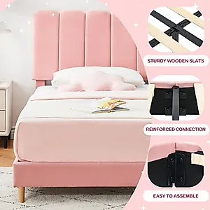 GAOMON Pink Twin Bed Frame, Velvet Upholstered Platform Bed Frame with Headboard, Strong Wooden Slats, Noise-Free,No Box Spring Needed, Easy Assembly (Pink)