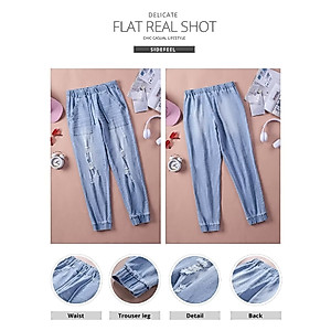 Sidefeel Women's Jeans Cargo Pants Ripped Denim Joggers Elastic Drawstring Waist Trouser Sky Blue Size 6