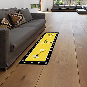 2 Pieces Kitchen Rugs Set Idyllic Bumble Bee Daisy Flower Yellow Back,Water Absorbent Soft Doormat Area Runners Summer Farm Honeybee Floral,Non-Slip Bath Mat for Entryway Bathroom Laundry