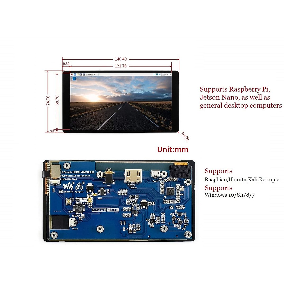 waveshare 5.5 inch HDMI AMOLED Display 1920x1080 Resolution Monitor Capacitive Touch Screen with Toughened Glass Cover for Raspberry Pi/Jetson Nano/PC Support Multi Systems