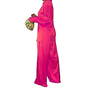 GTMRINJN Women's Long Sleeve Button Down Sleepwear Loose Satin Tops and Wide Leg Pants Set 2 Piece Loungewear Pjs Rose Red M