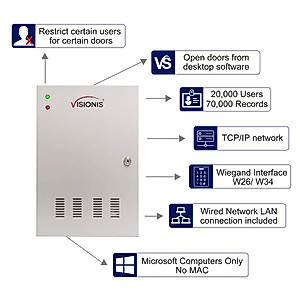 Visionis VS-AXESS-4DLX Version 2 Four Door Professional Access Control Panel Controller Board and Power Supply Cabinet with TCP/IP Wiegand Software 20,000 Users + Fire Alarm Extension Board