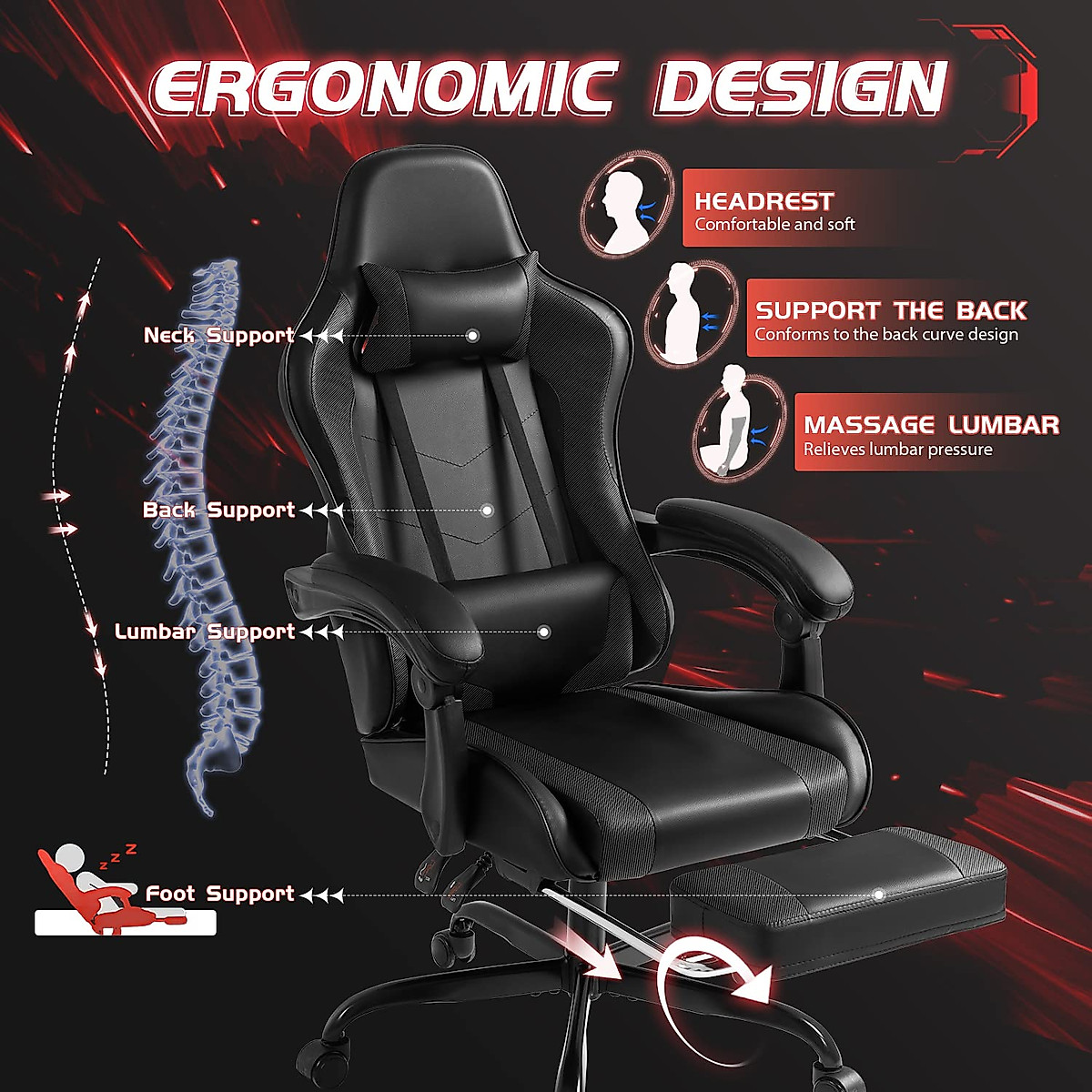 Shahoo Gaming Chair with Footrest and Massage Lumbar Support, Video Racing Seat Height Adjustable with 360°Swivel and Headrest for Office or Bedroom, Black