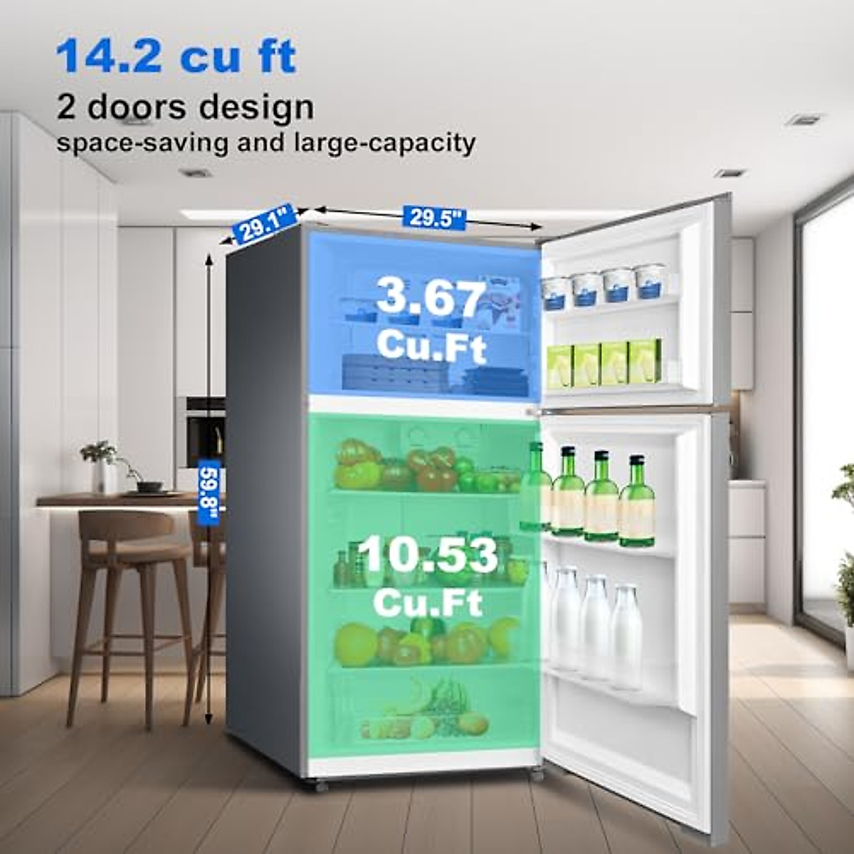 SMETA Top Freezer Refrigerator 30'', Frost Free Fridge 14.2 Cu Ft Refrigerators, Garage, Home, Office, Stainless Steel