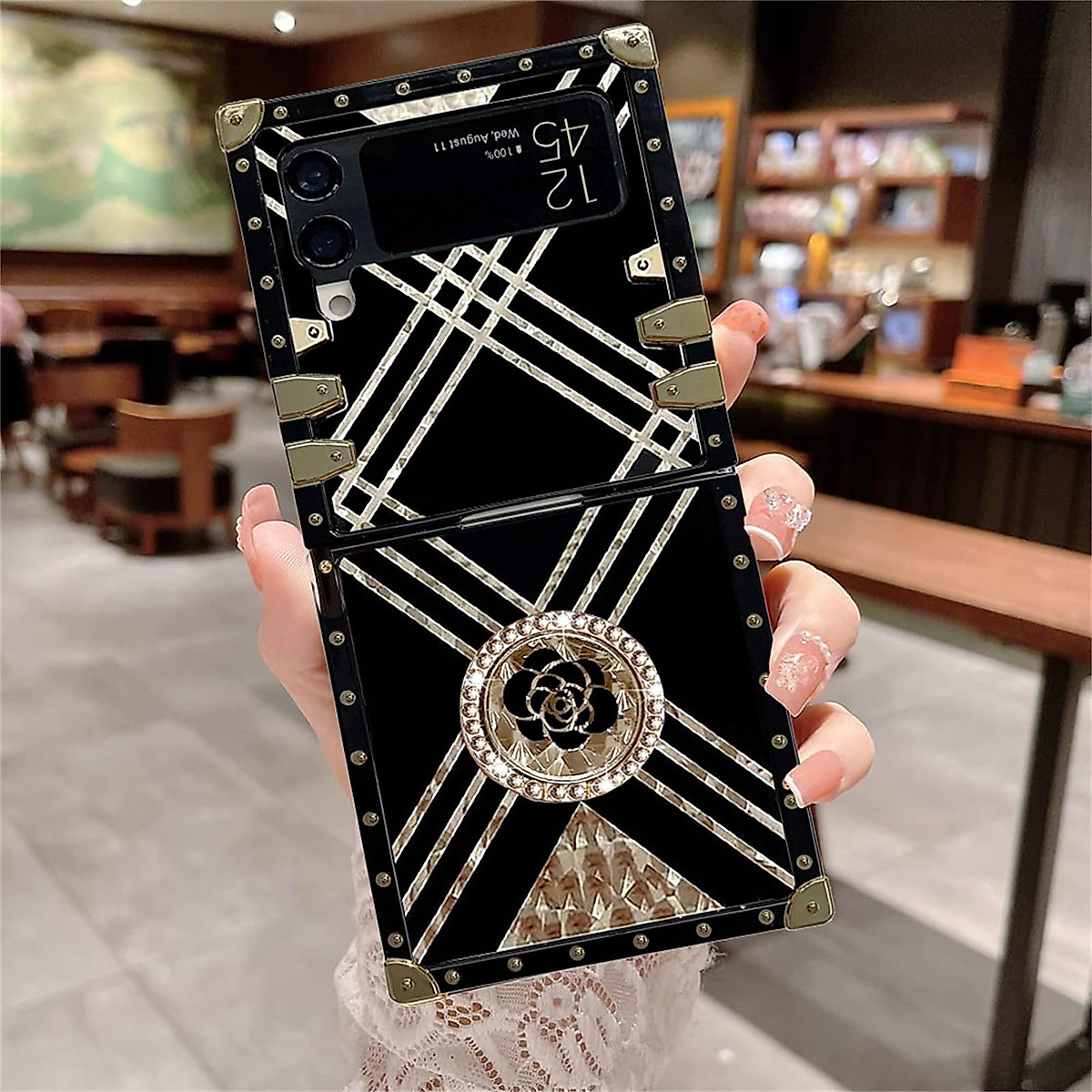 Ephoou for Samsung Galaxy Z Flip4 5G Case for Women,Square Rivet Metal Corner Design Phone Case Cover with Bling Diamond Ring Suitable for Samsung Galaxy Z Flip4 5G 6.7" BF-Black