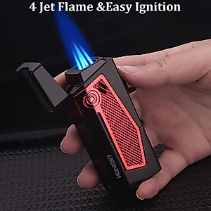 Torch Lighters, Quad 4 Jet Flame Torch Lighter with Fluid View Window, Refillable Butane Lighter Windproof Lighter for Candle, Grill, Fireworks, Camping (Butane Gas Not Included)