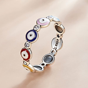 Shysnow Silver Evil Eye Nazar Open Ring Multicolor Eyes Ojos Stackable Ring with Enamel CZ, Size 8