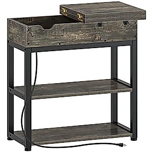Rolanstar End Table with Charging Station, Narrow Nightstand, Flip Top Side Table with USB Ports and Storage Shelves for Small Spaces, Living Room, Bedroom, Grey