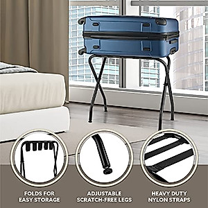 Bartnelli 2-Pack Folding Luggage Rack Collapsible Metal Suitcase Stand with Durable Black Nylon Straps- for Bedroom, Guest Room, or Hotel (Black Steel)