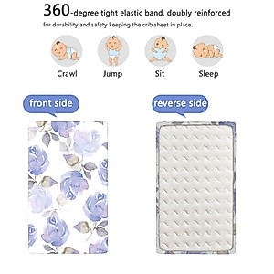 Rose Themed Fitted Mini Crib Sheets,Portable Mini Crib Sheets Soft & Stretchy Fitted Crib Sheet-Crib Mattress Sheet or Toddler Bed Sheet,24“ x38“,Blue White