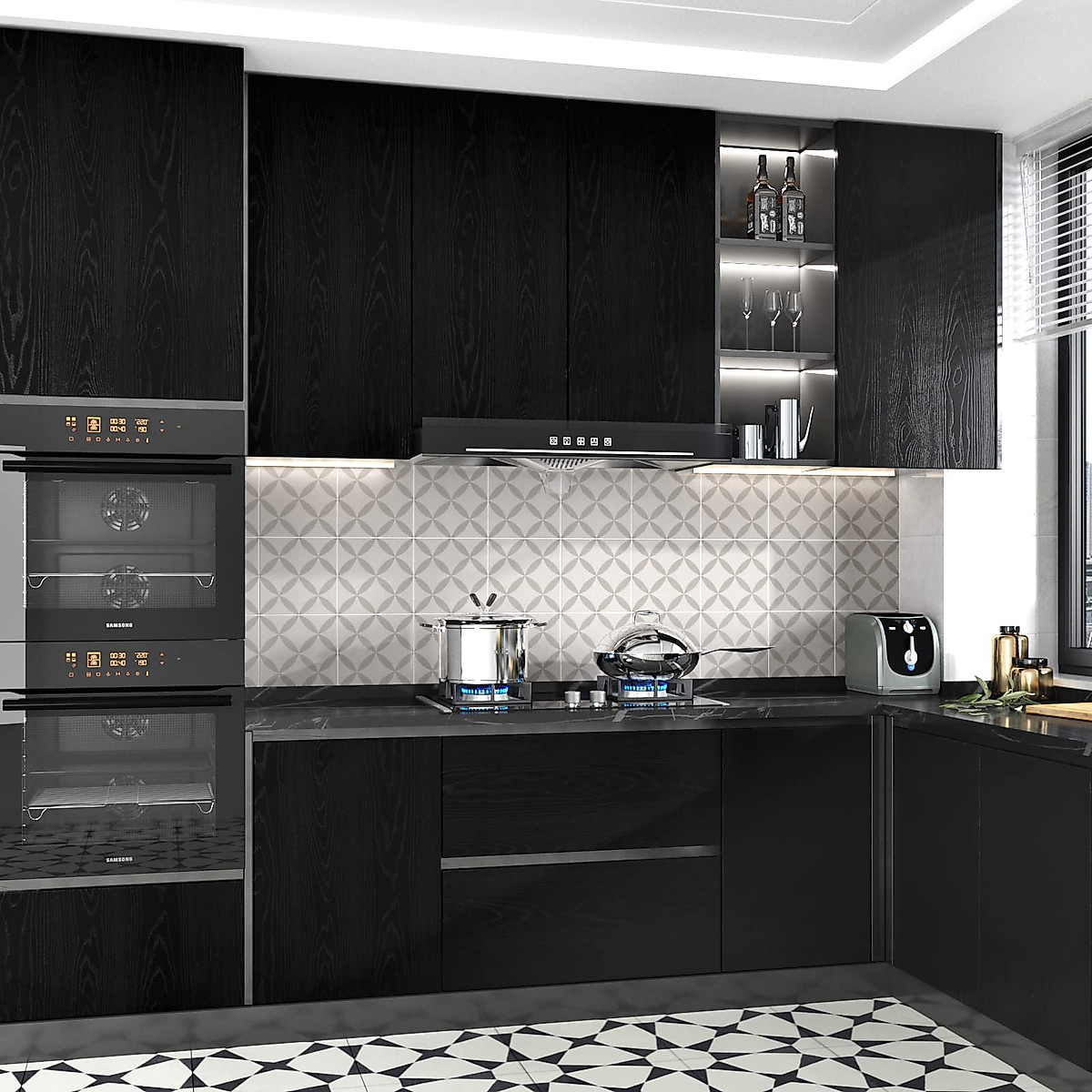 Skyblur 24" x 118" Black Wood Contact Paper for Cabinets Peel and Stick Countertops Wallpaper Wood Grain Dark Wall Paper Self Adhesive Removable Vinyl Black Contact Paper for Counter Tops Desktop