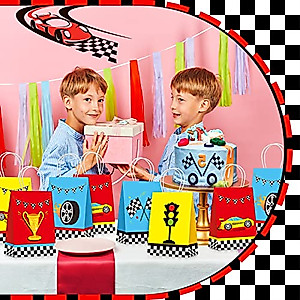 24 Pieces Race Car Party Bags Race Car Party Supplies Goodie Gift Bags Treat Bags with Handles for Checkered Flag Birthday Race Car Theme Party Decorations Boy Gifts