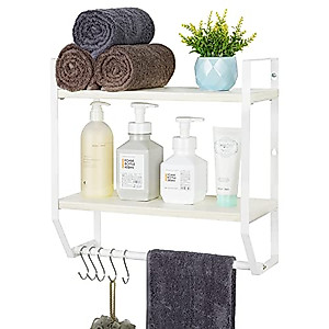 Bathroom Shelf with Towel Bar 2 Tier Wall Mounted Industrial Towel Rack with Shelf 5 Hooks for Bathroom Kitchen Living Room (White)