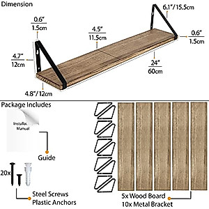 Wallniture Ponza 24" Floating Bookshelf, Wood Floating Shelves for Wall Storage, Rustic Wall Shelves for Bedroom, Living Room, Bathroom, Kitchen Set of 5