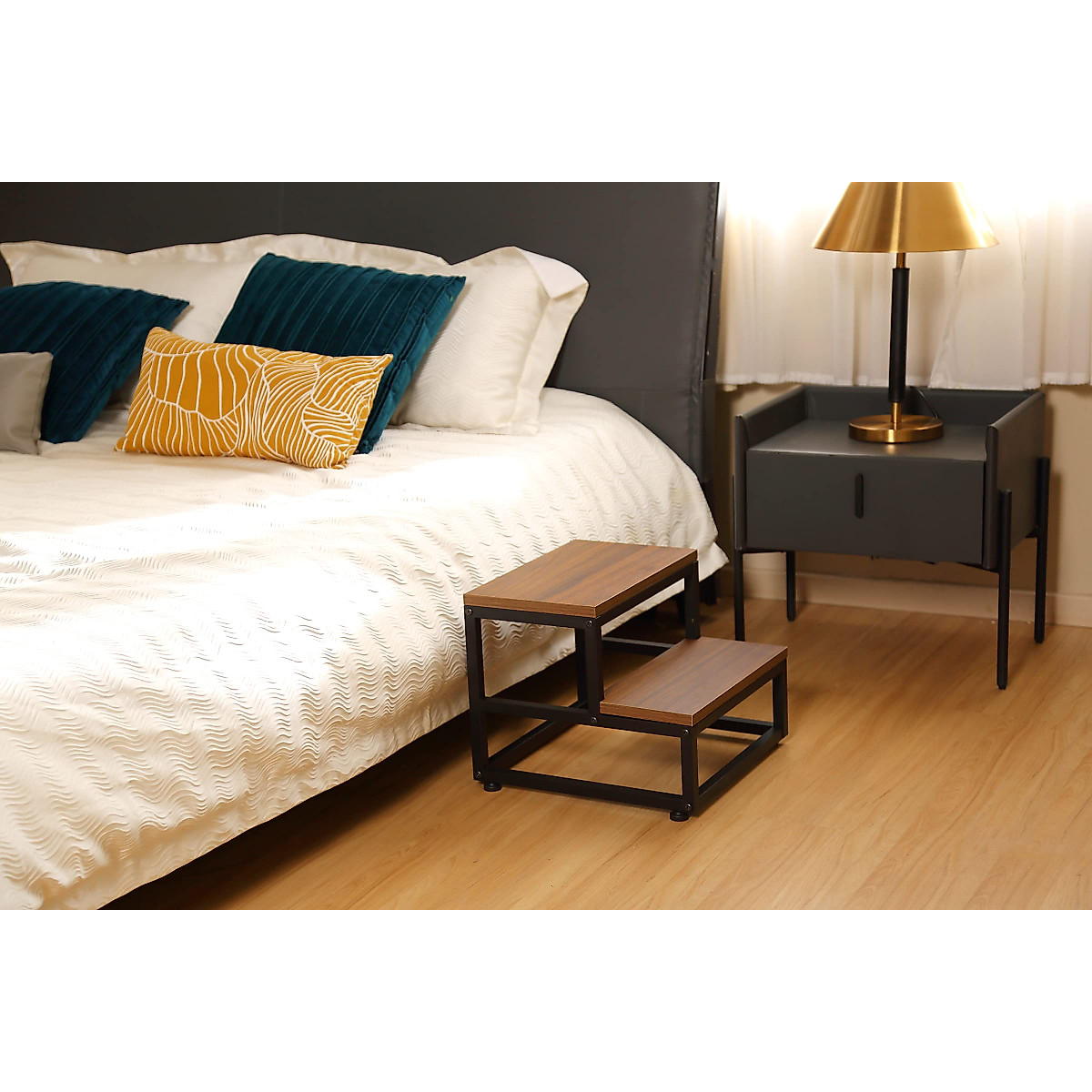 Step Stool for Adults and Kids, Wood and Metal Stepping Stool, 2 Steps with Corner Protectors, Bed Steps for High Bed, Elders and Toddler Stool for Bedroom, Bathroom, Kitchen (Brown)