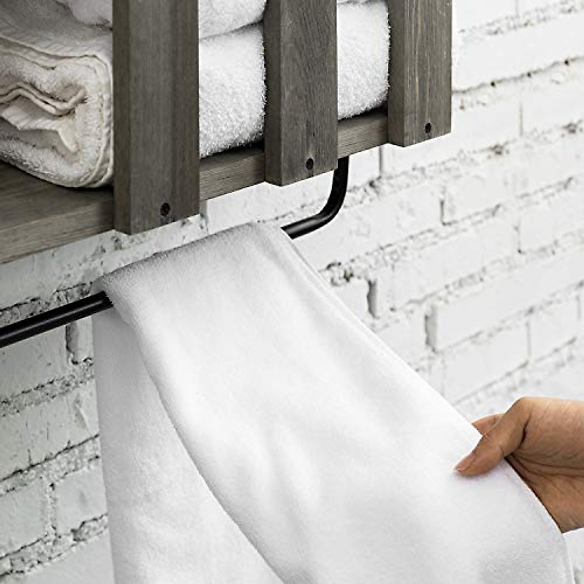 MyGift Wall Mounted Vintage Gray Wood Bathroom Folded Towel Storage Organizer and Towel Rack with Display Shelves and Industrial Metal Pipe Hanging Bar