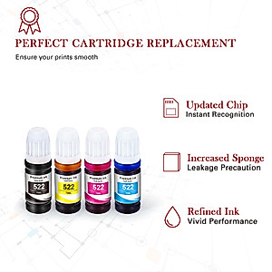 Toner Kingdom Compatible 522 Ink Bottle Refill High Capacity T522 Refill Ink Bottle for ET-2720 ET-4700 Printer (4 Pack, Black, Cyan, Magenta, Yellow)