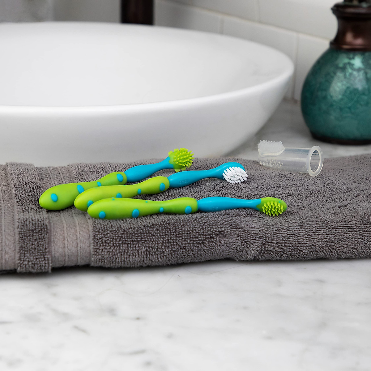 Dr. Talbot's Oral Care Set with Stand; 4-Stage System with 1 Silicone Finger Massager, 2 Massaging Brushes, 1 Soft Nylon Bristle Toddler Toothbrush; 0+ Months, Blue & Aqua