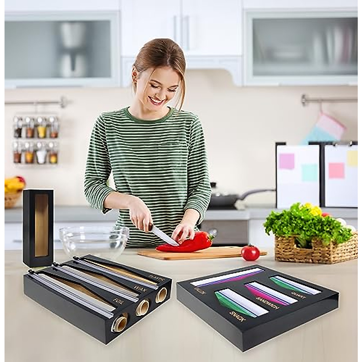 BAMBOO HEAVEN Wooden Ziplock Bag Organizer with Foil and Plastic Wrap Organizer with Cutter and Labels - Black Bamboo | Wax Paper, Plastic Wrap & Aluminum Foil Roll Dispenser with Slide Cutter