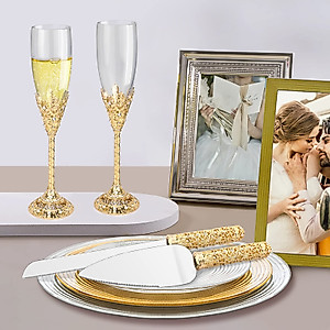 Jozen Gift Gold Champagne Flutes - Crystal Glasses&Metal Base With Crystal Stone, Set of 2 Toasting Flute Pair, Wedding Anniversary, Party Birthday Banquets Gifts for Bride and Groom 6 oz