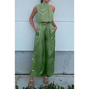 PRETTYGARDEN Women's 2 Piece Outfits 2024 Summer Casual Sleeveless Mock Neck Crop Tops Wide Leg Pants Set (Light Green,Large)