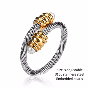 FOCUSTEEL Cable Ring, a Cuff Pearl Ring Designed to Fit Finger Circumference Between 70mm-90mm
