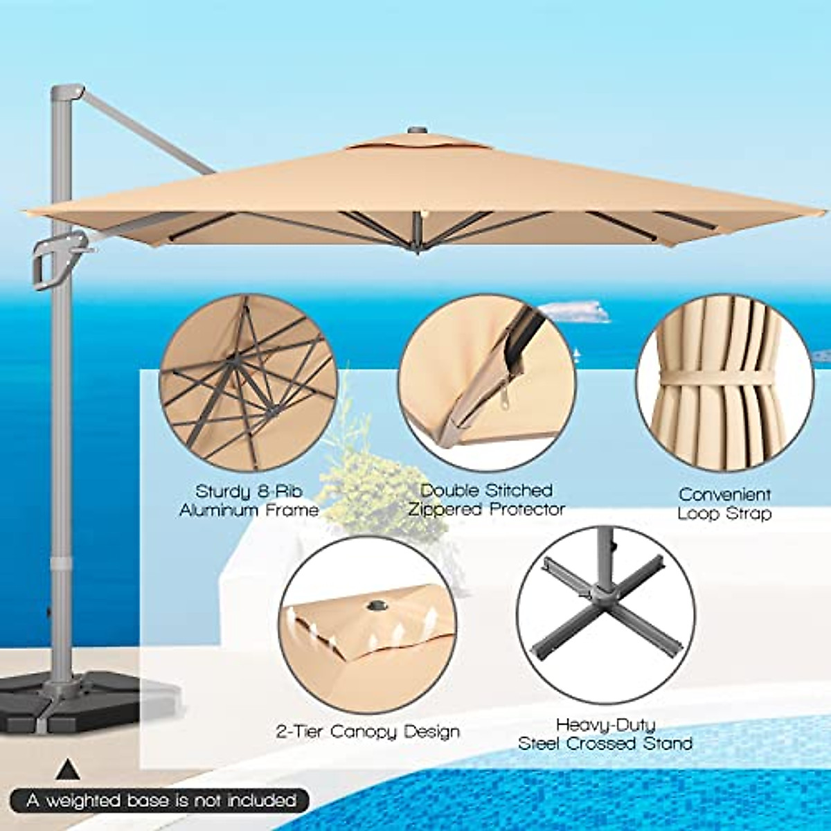 TANGKULA 10x13ft Patio Offset Rectangular Umbrella, Garden Cantilever Umbrella W/ 360° Rotation Function, 4-Tilt Setting & Hand-Crank System, Large Hanging Umbrella W/Weight Base Included (Beige)
