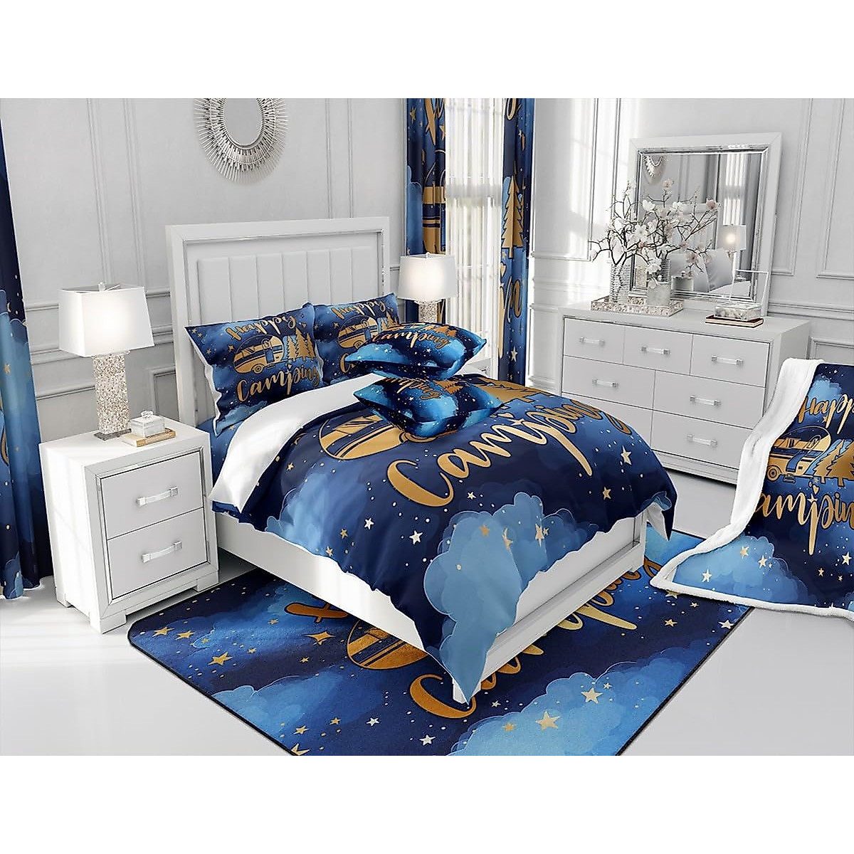 Castle Fairy Happy Camping Queen Size Duvet Cover for Teens Youth,Starry Galaxy Dreaming Comforter Cover with 2 Pillow Shams,Gold RV Trailer Painting Bedding Set Ultra Soft Microfiber Breathable