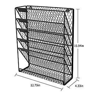 PAG Hanging Wall File Holder Mail Organizer Metal Chicken Wire Wall Mounted Literature Rack, 6 Tier, Black